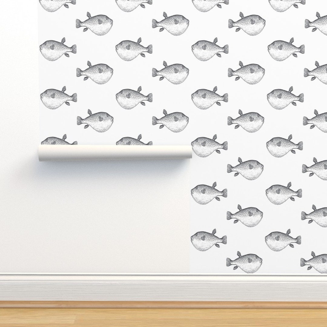 Blowfish Wallpaper Charcoal Puffer Fish on White by Mlags - Etsy