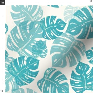Blue Monstera Fabric Linocut Monstera Blue by Biancagreen Modern ...