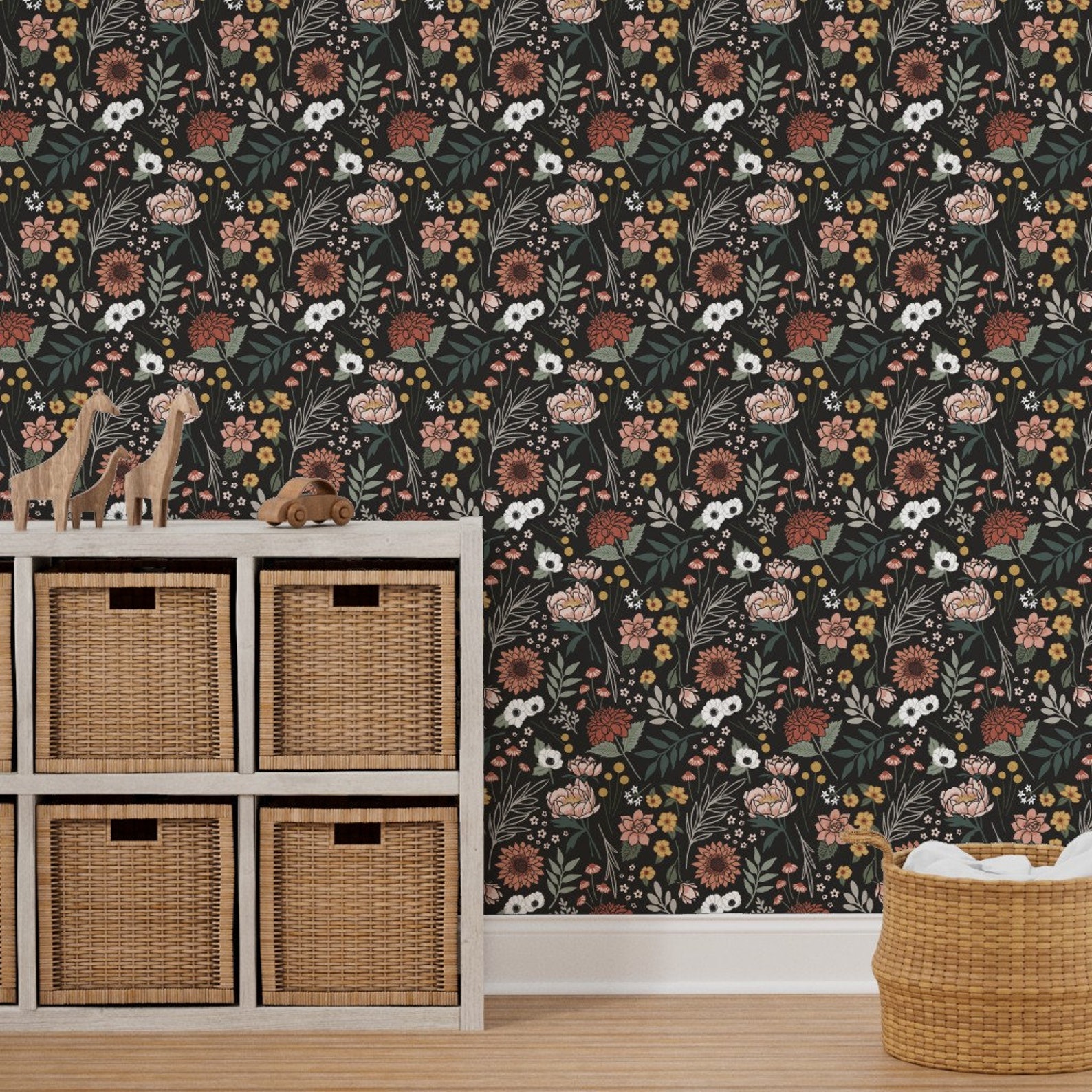 Boho Floral Wallpaper Boho Floral on Black by Devondesignco - Etsy