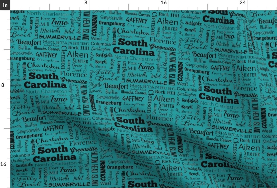 South Carolina Fabric - Cities of South Carolina Cities, Teal by ...