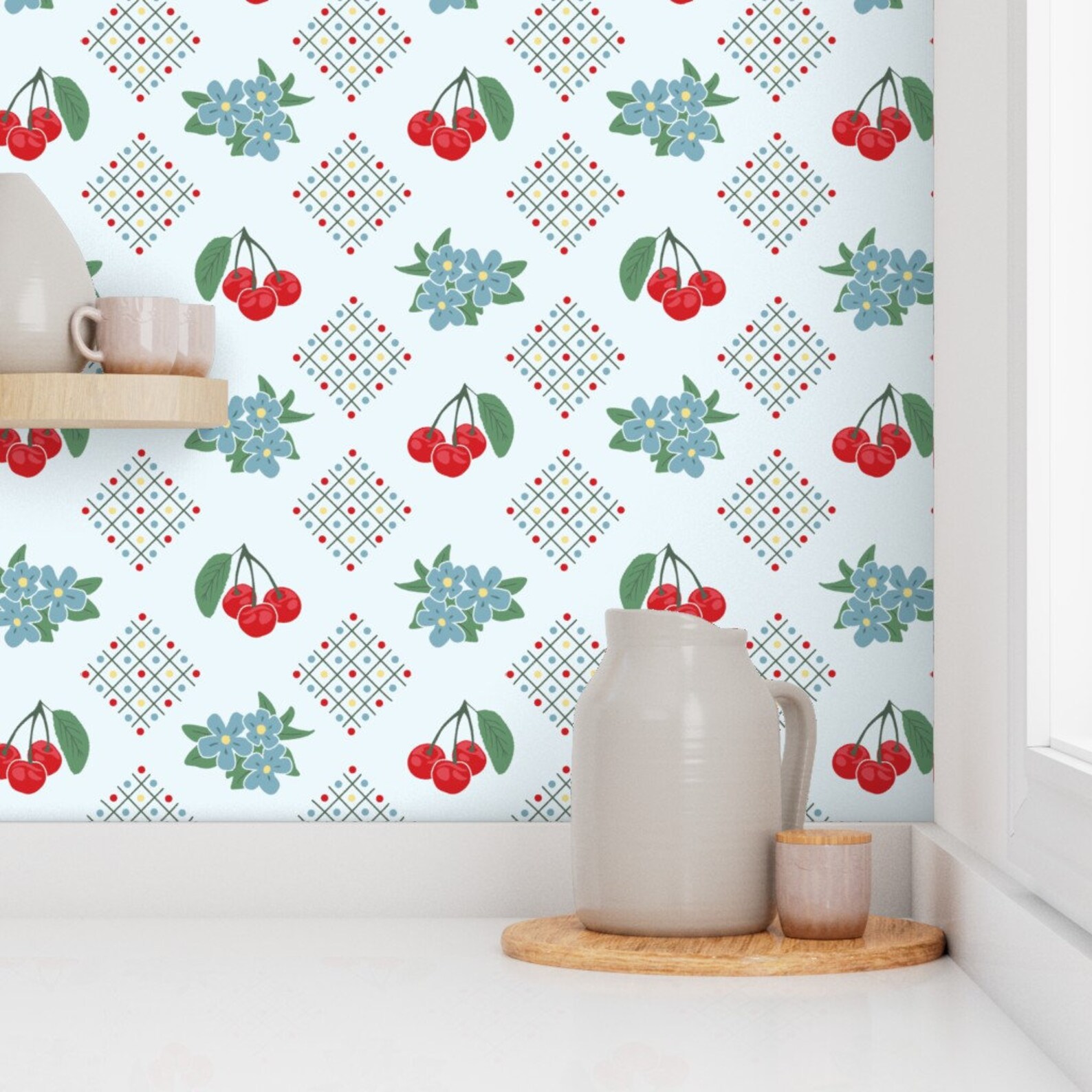 Retro Cherry Wallpaper 1940'S Style Cherry in Blue Large - Etsy