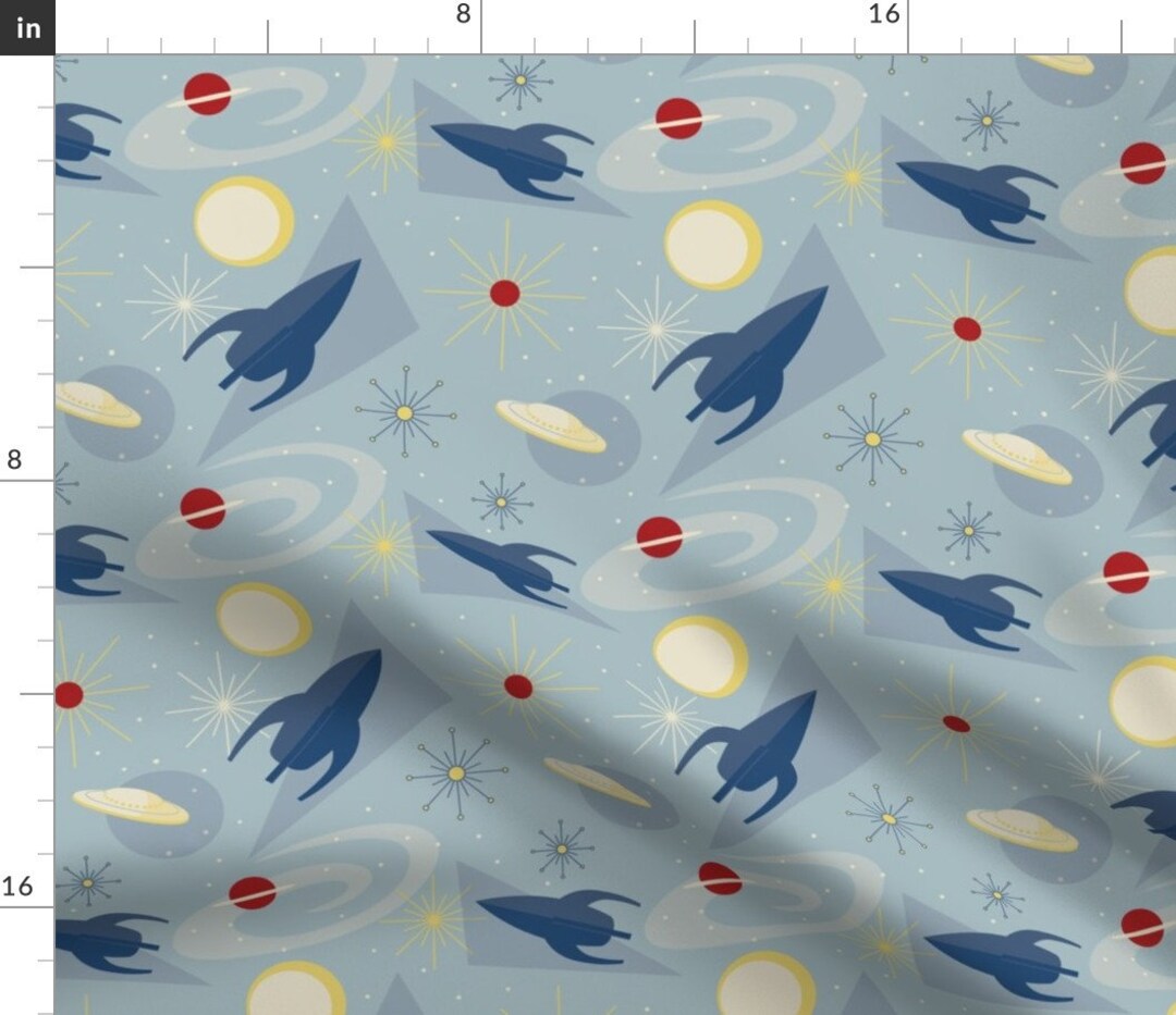 Spaceships Blue Science Outer Space Fabric 1950s Space Race - Etsy