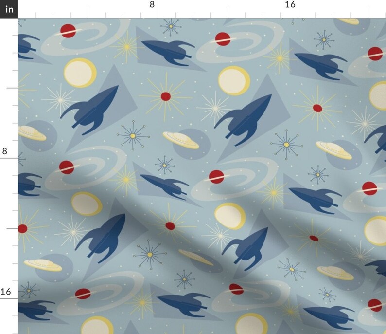 Spaceships Blue Science Outer Space Fabric 1950s Space Race | Etsy