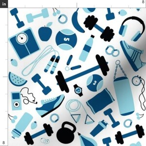 Blue Gym Equipment Fabric Time to Hit the Gym by Vintage Style Gym Blue ...