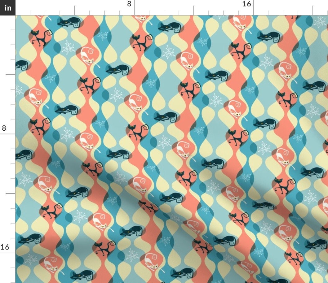 Mid-Century Modern Abstract Fabric Atomic Cats In Droplets | Etsy