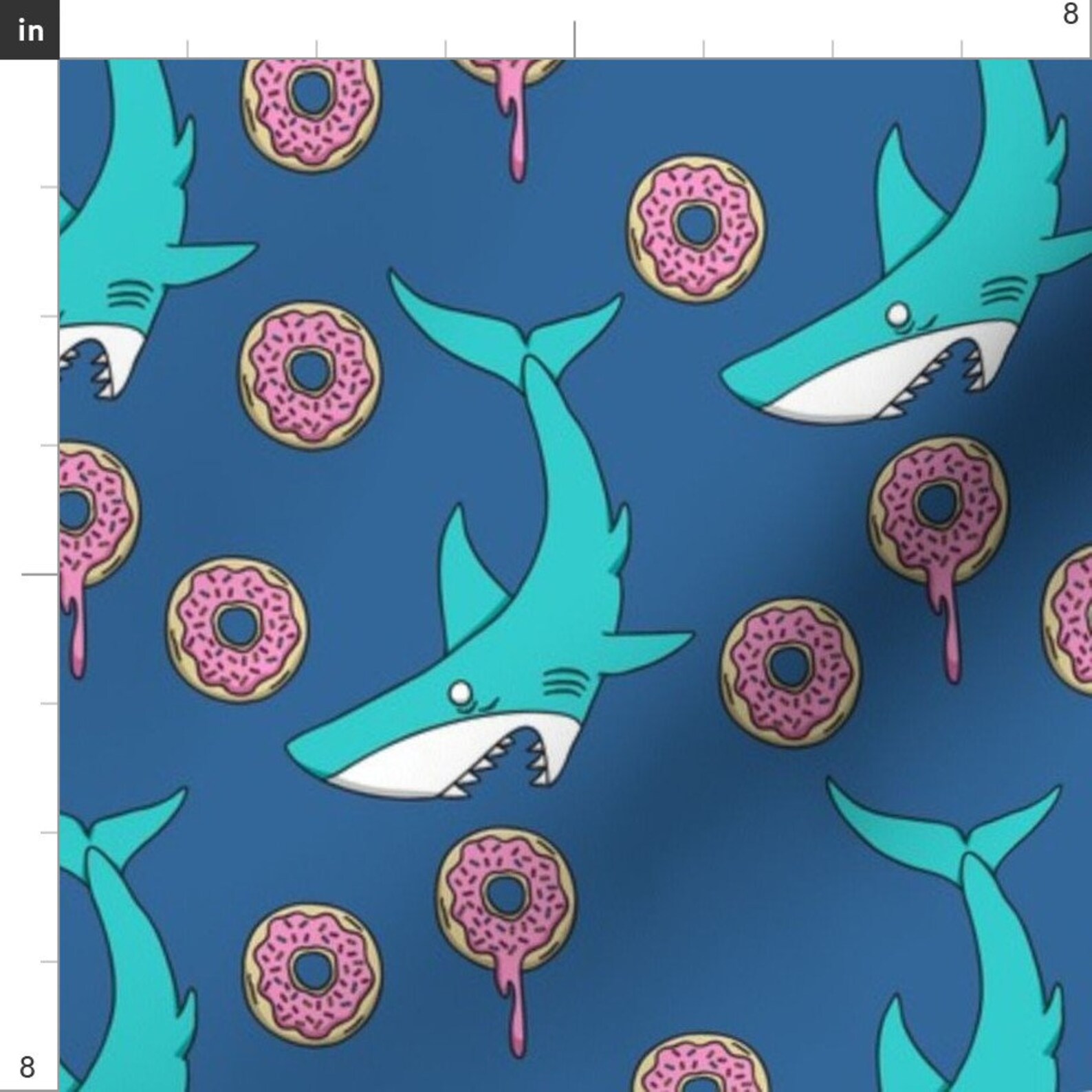 Donut Blue Sharks Fabric Shark Vs Donut Marine Blue Nautical | Etsy