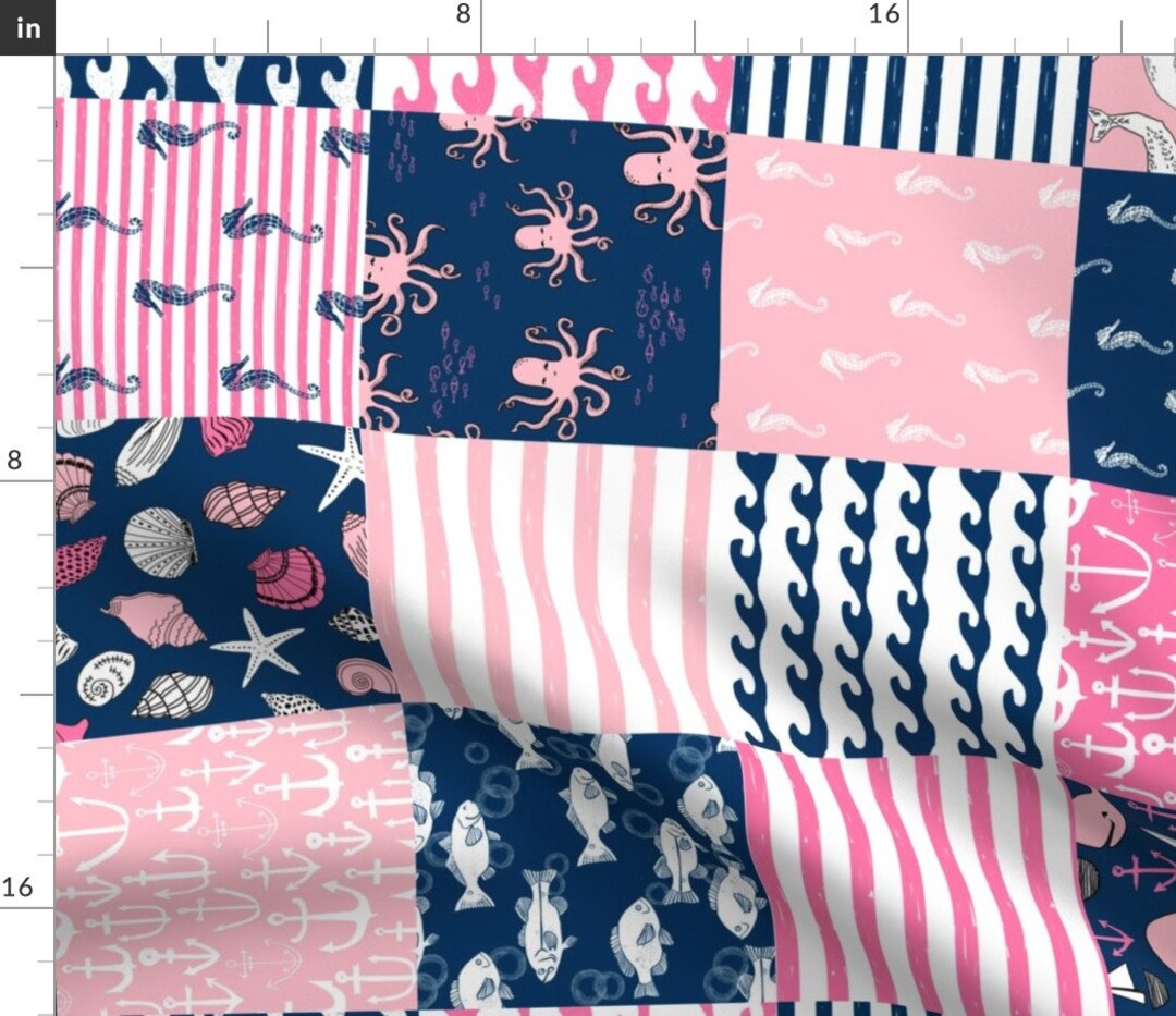 Nautical Pink Cheater Quilt Fabric Rotated Girls Navy and - Etsy