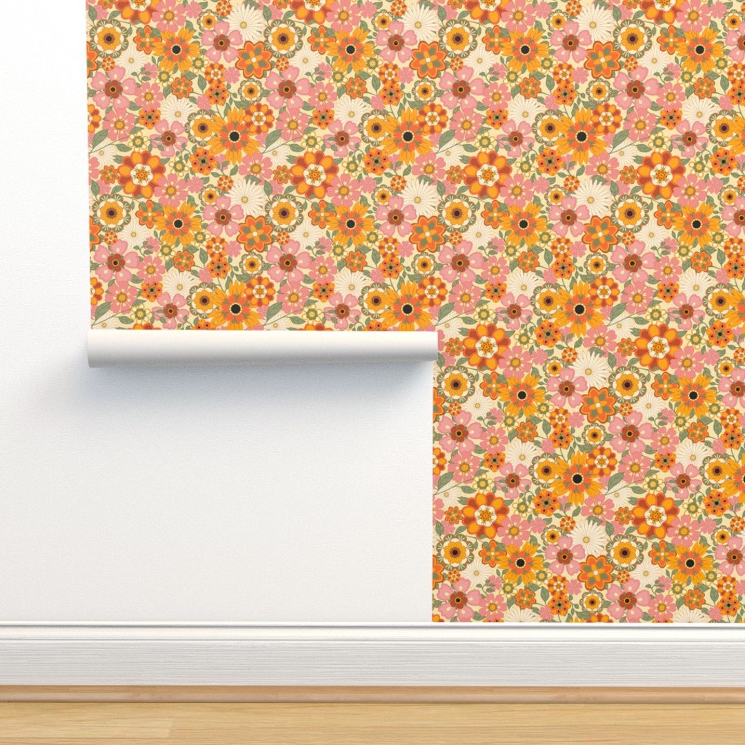 Pink 70s Floral Wallpaper Flower Power by Anne_leue Retro - Etsy