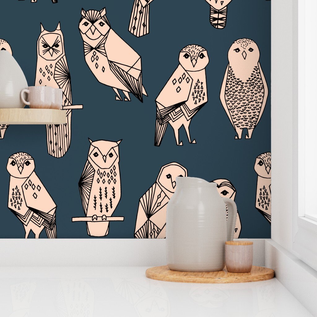 Owl Wallpaper Blush Navy Owl Illustration by Andrea Lauren - Etsy