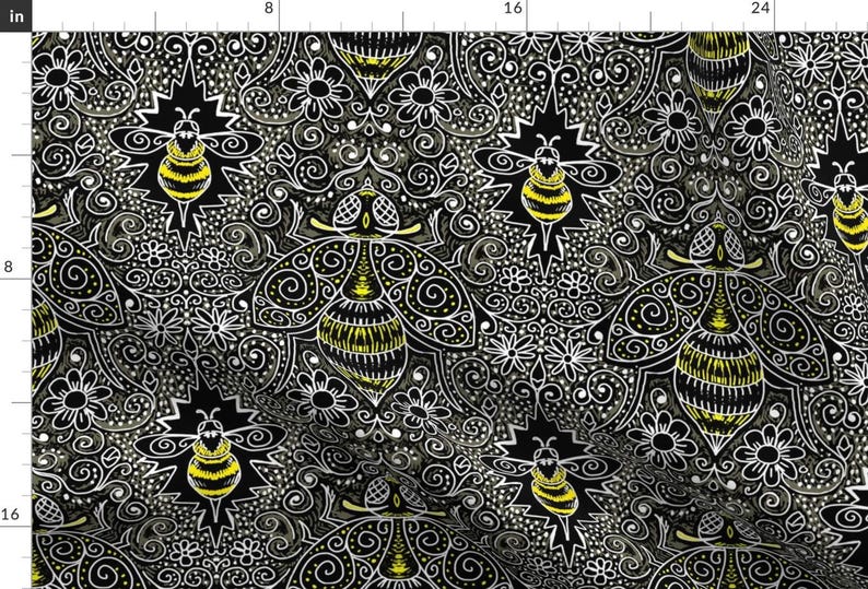 Abstract Bee Fabric - Chalkboard Filigree Bee by Beesocks - Black and ...