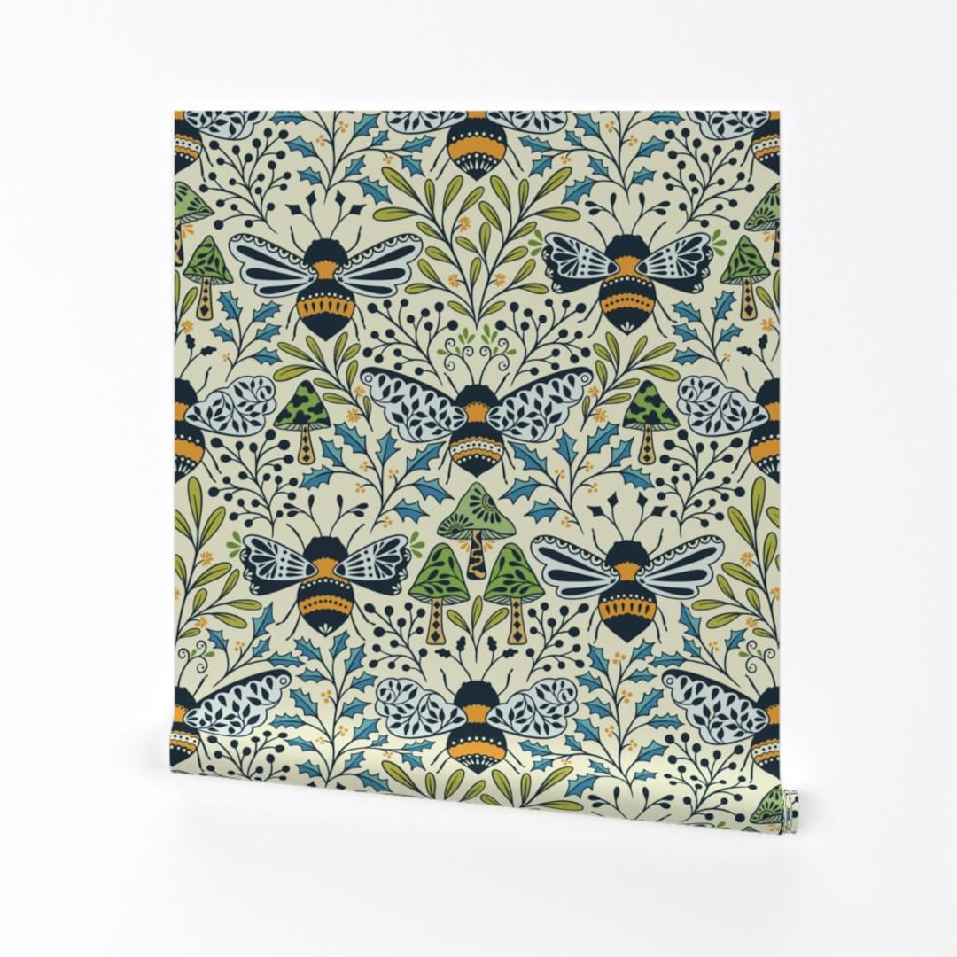 Bumblebee Removable Peel and Stick Wallpaper - Nature Damask Botanical Mushroom - Wall Art Wall ...