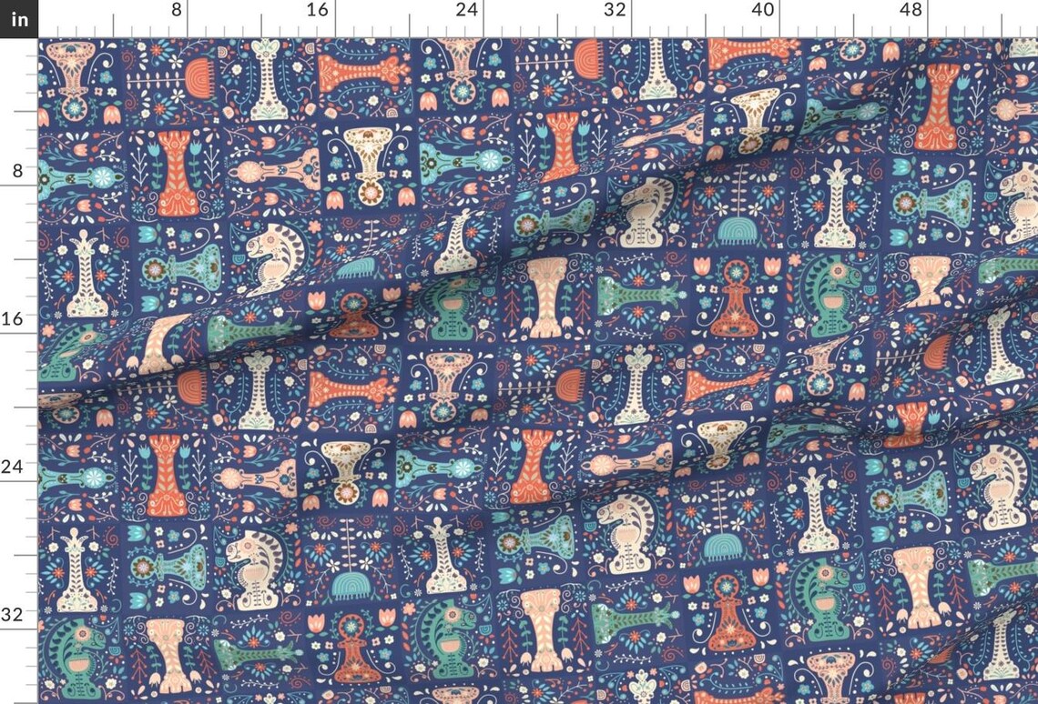 Game Night Fabric - Floral Chess by Luli Print - Blue Botanical Floral ...