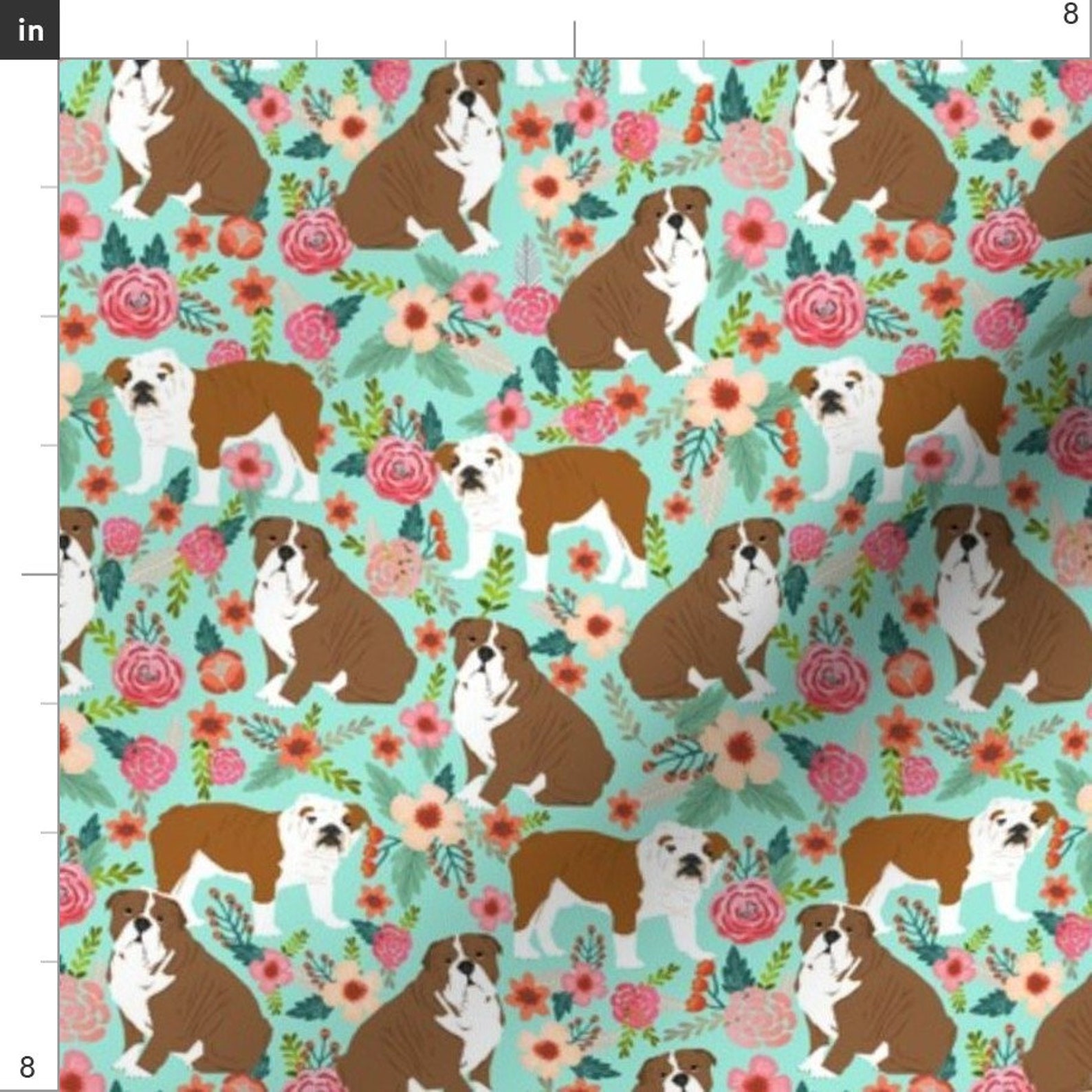 English Bulldog Fabric English Bulldog Florals Flowers Mint - Etsy