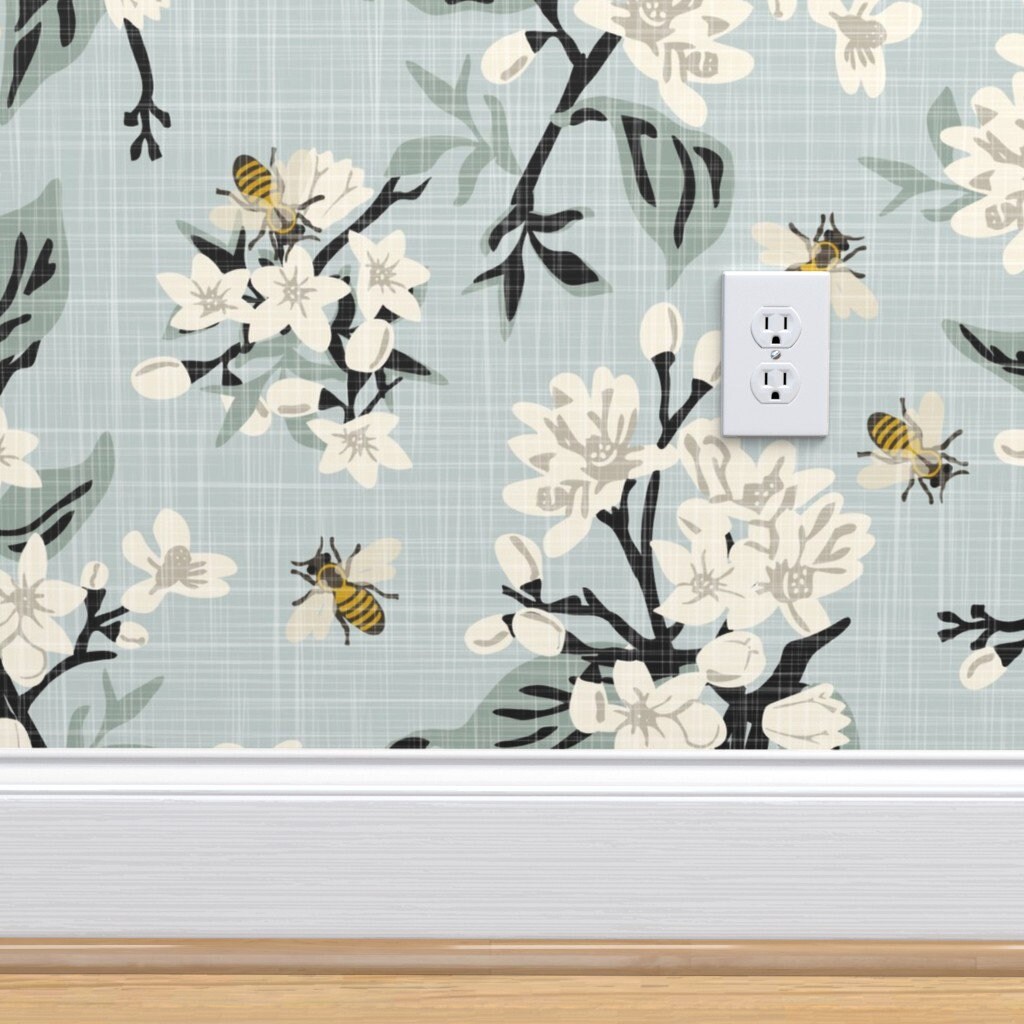 Bees and Florals Wallpaper Flowers Bees By Fernlesliestudio | Etsy