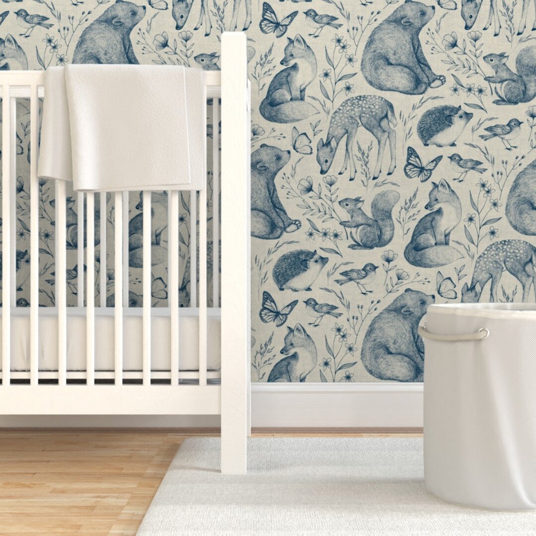 Blue Animal Toile Wallpaper Forest Animals Toile by Perrinphilippa ...