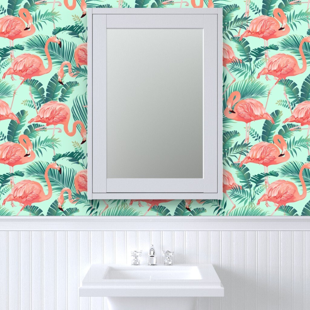 Flamingo Wallpaper Pink Flamingos on Teal Tropical Plants by | Etsy