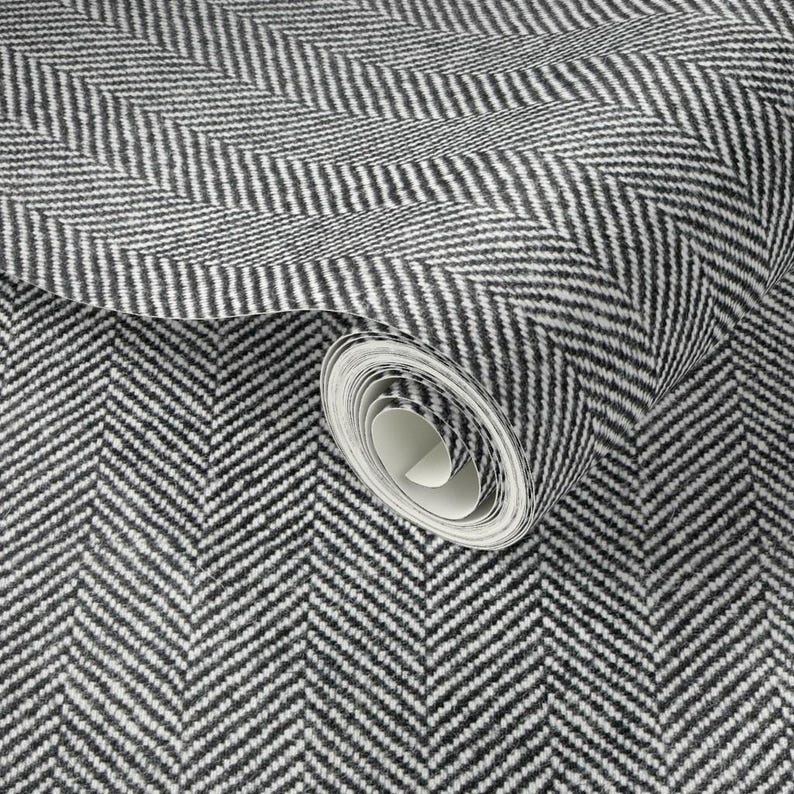 Tweed Look Wallpaper - Herringbone Tweed by Willowlanetextiles - Black ...