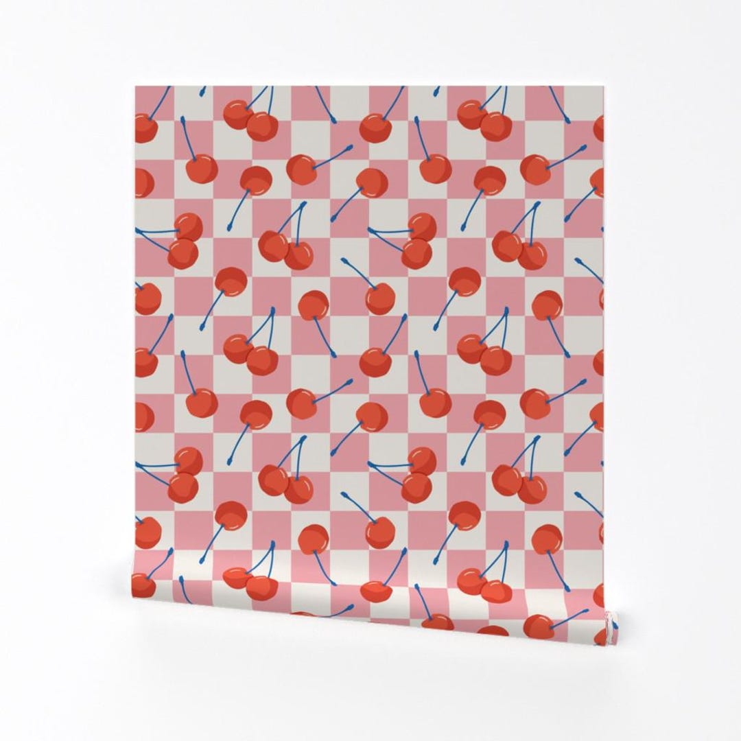 Retro Cherry Check Removable Peel and Stick Wallpaper - Pink ...