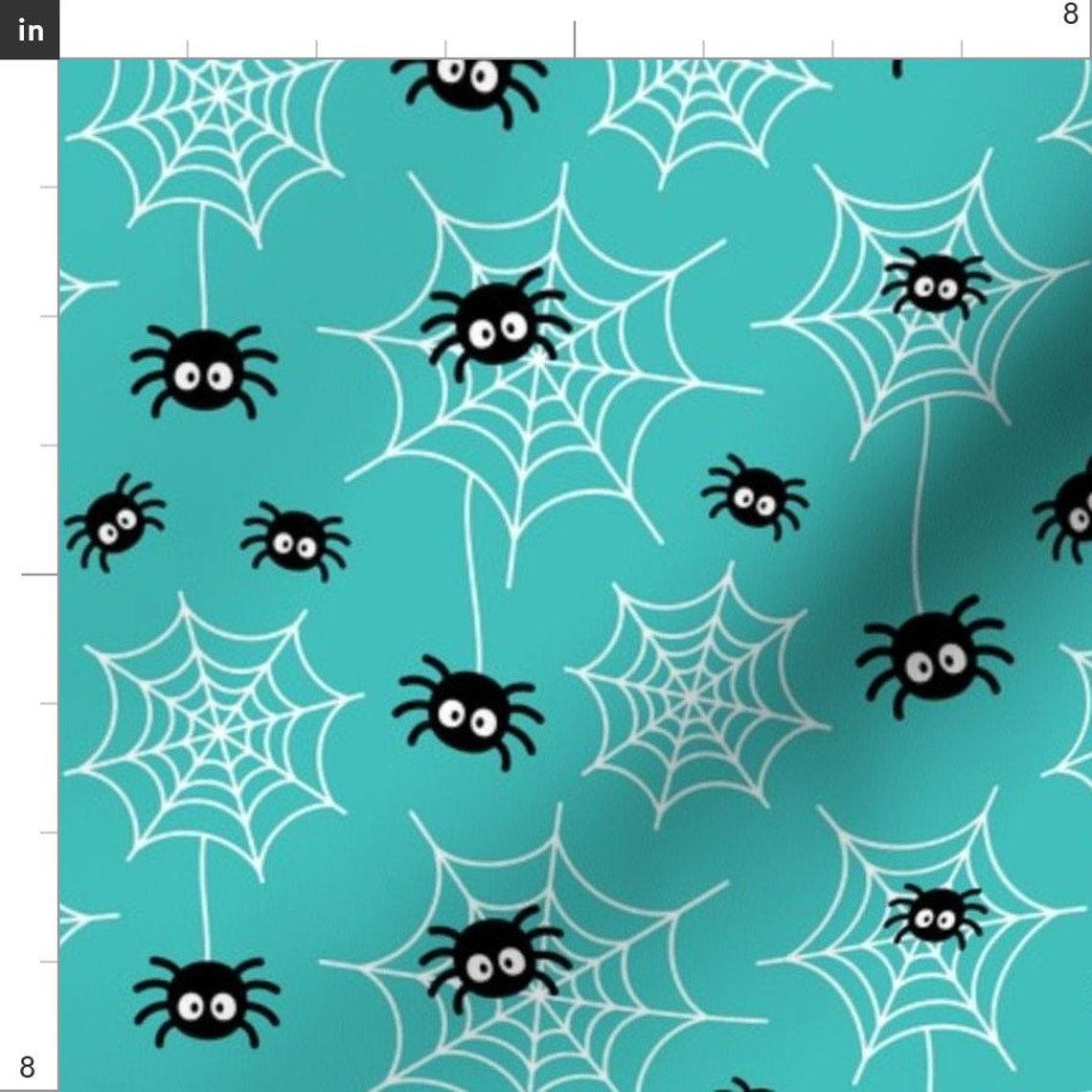 Spiders Fabric Spiders and Webs on Teal Blue Halloween by - Etsy