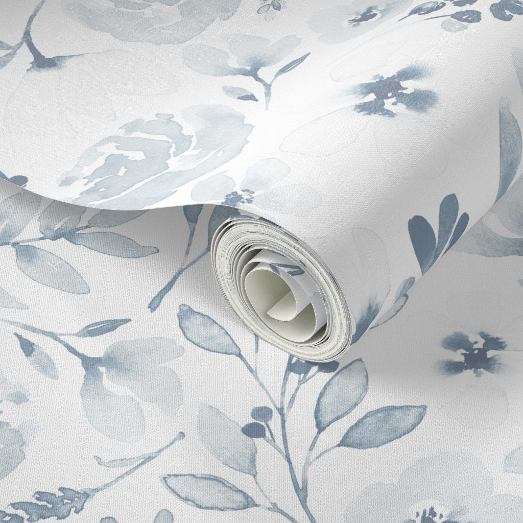 Soft Blue Floral Wallpaper Faded Floral Watercolor by Erin - Etsy