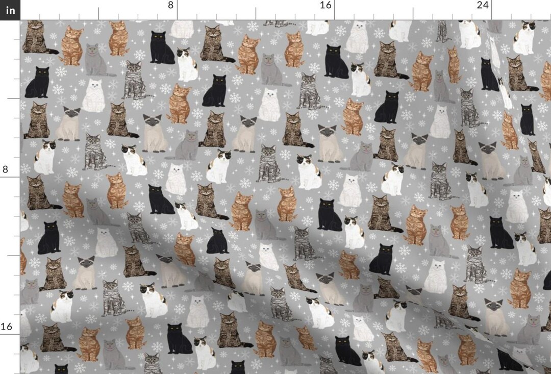 Snow Cat Fabric - Christmas Winter Cat Lady Fabric Snowflakes Holiday ...