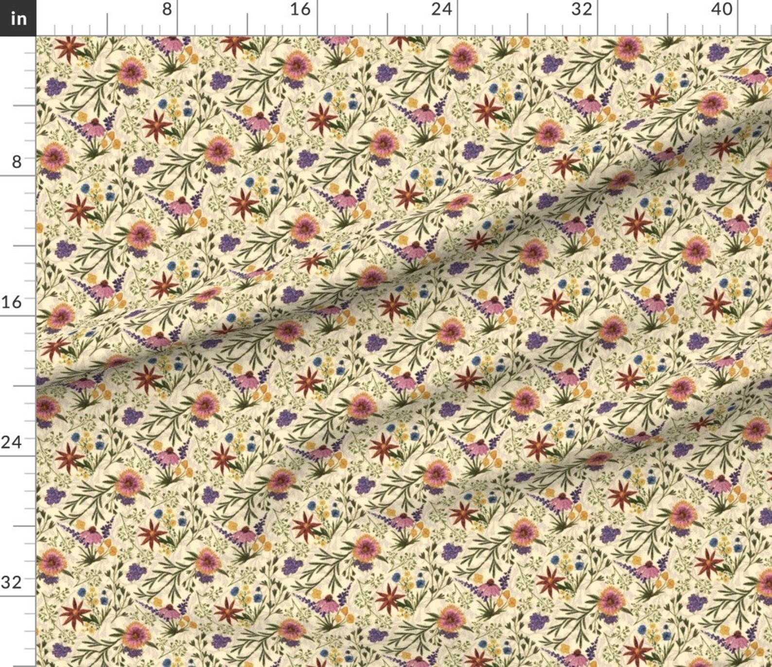 Dainty Yellow Floral Illustration Fabric Wildflower Chintz | Etsy