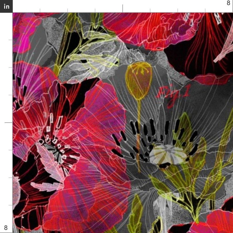Bold Botanical Fabric Romance Poppies Mod Dark Botanical by | Etsy