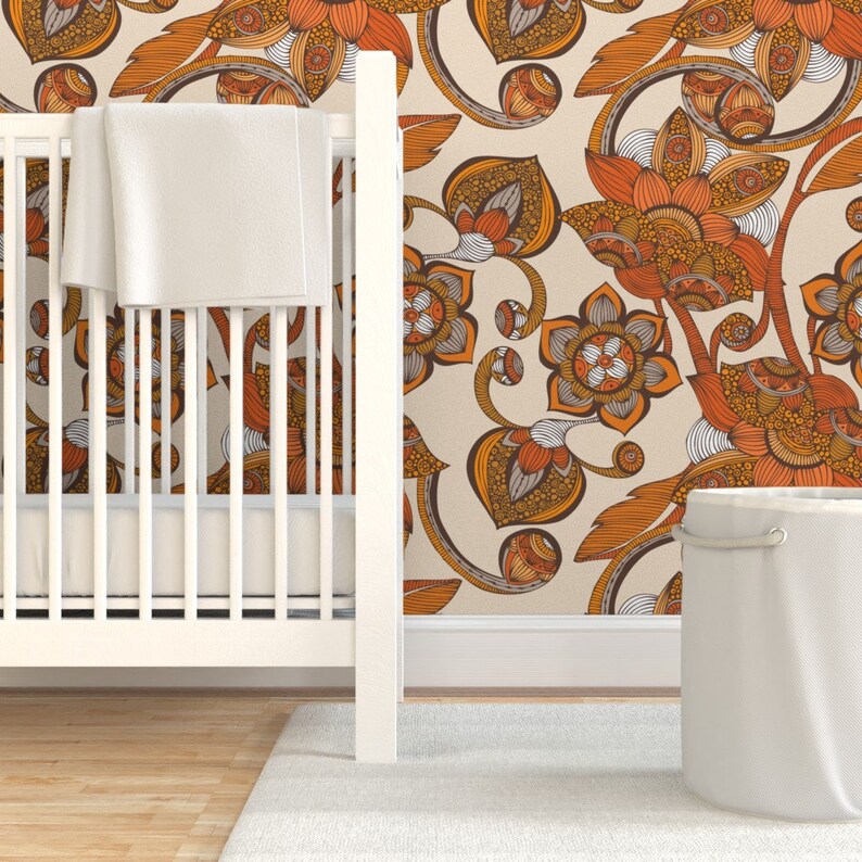 Orange Boho Floral Wallpaper Boho Orange by Valentinaharper - Etsy
