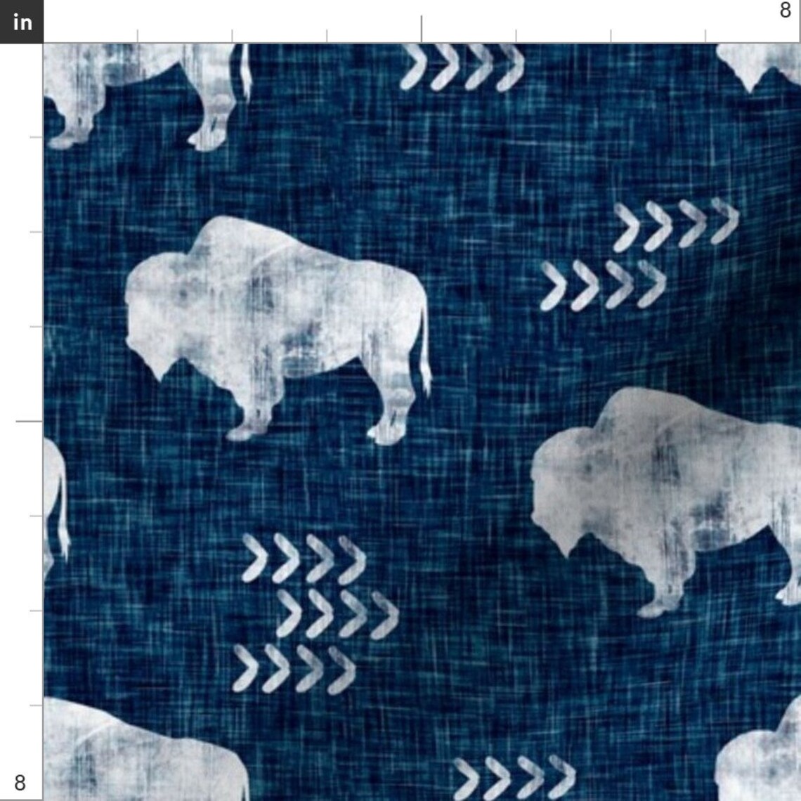 Buffalo Fabric Distressed Buffalo on Dark Blue Linen by - Etsy