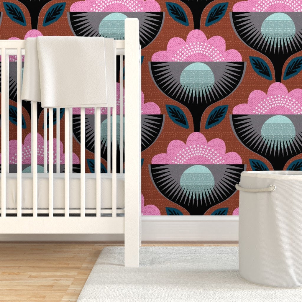 Mod Flowers Wallpaper Mod Deco Flower by Ottomanbrim Rust | Etsy