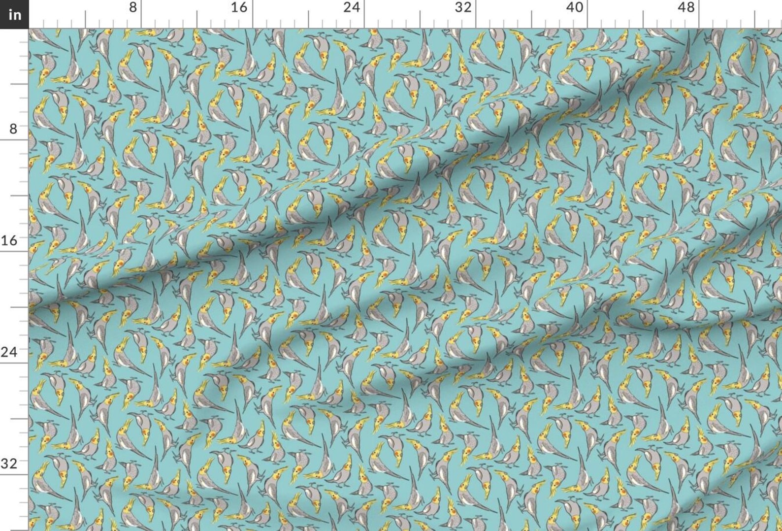 Gray and Yellow Cockatiel Fabric - Watercolor Cockatiel on Light Blue ...