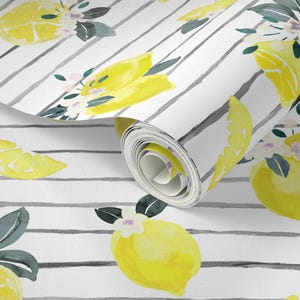 Lemons Wallpaper - Citrus + Flowers Lemon Stripe by Crystal Walen ...