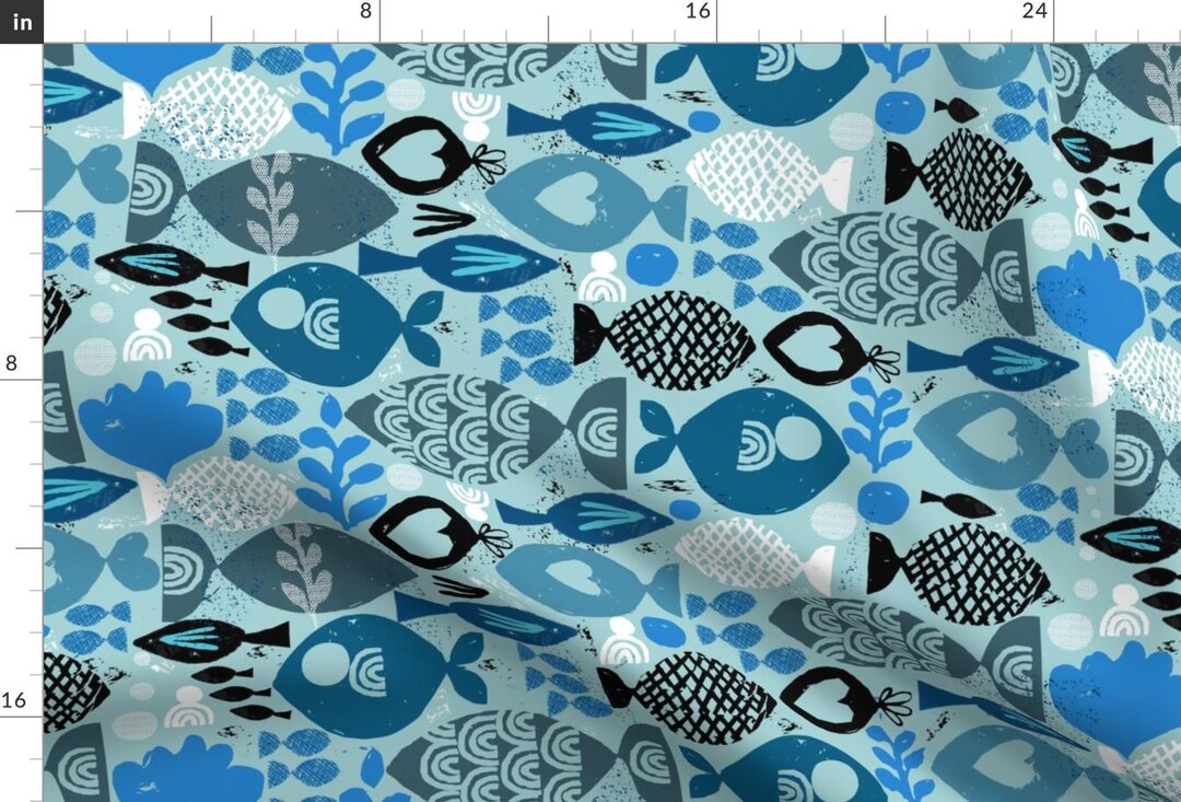 Mod School of Fish Fabric - Blue Fish by Ottomanbrim - Blue Abstract ...