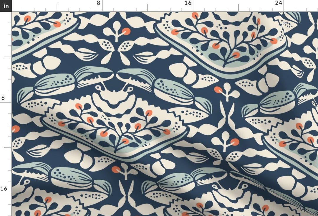 Blue Crab Fabric - Crab Parade by Heidi-abeline - Coastal Floral ...