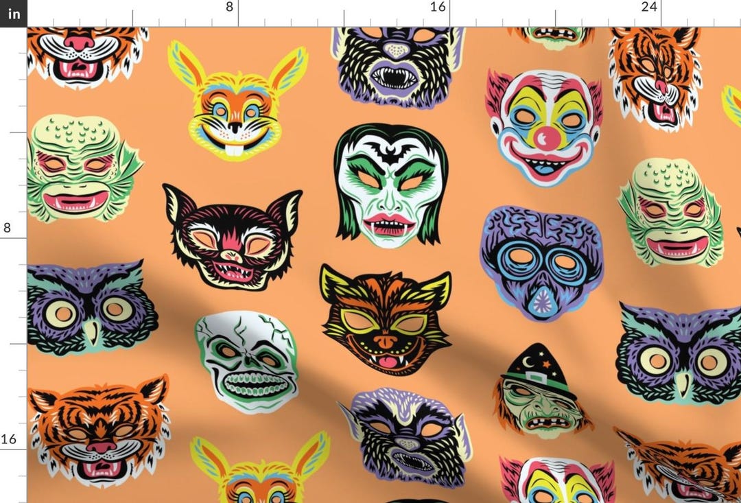 Monster Mask Fabric - Halloween Masquerade in Orange by Pinkowlet ...