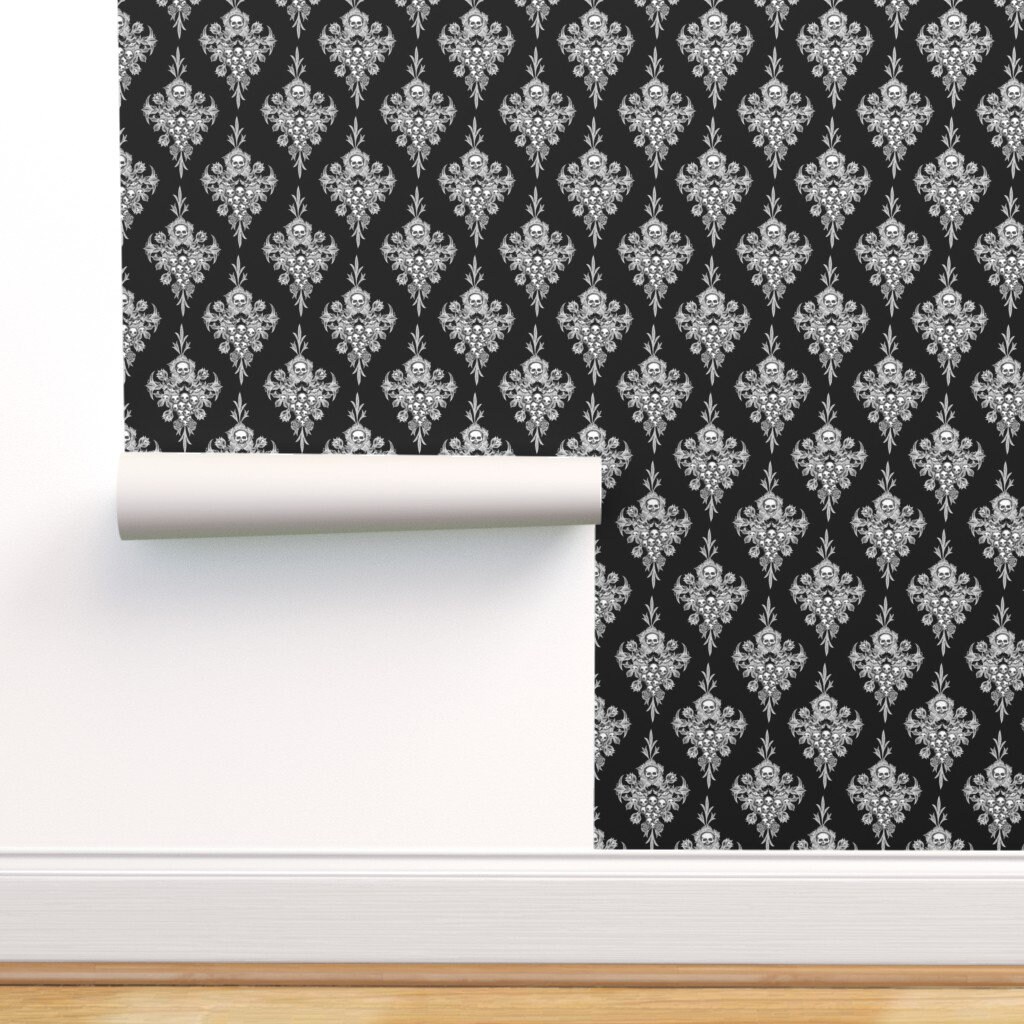 Skull Damask Wallpaper Skull Flower Damask Negative by | Etsy