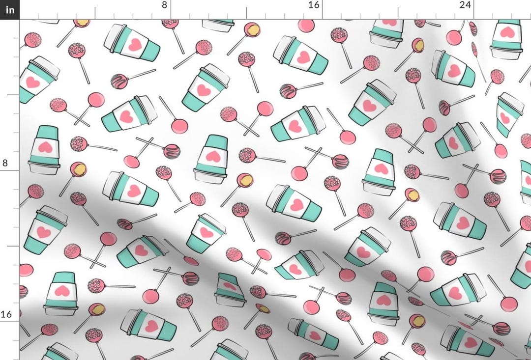 Pink and Teal Fabric - Cake Pops Coffee - Pink Teal on White by ...