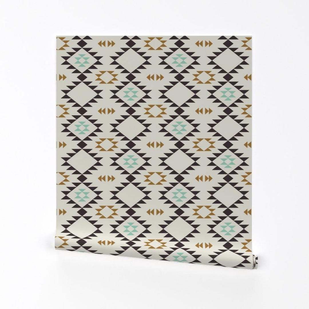 Tribal Wallpaper - Navajo by Kimsa - Beige Blue Black Southwestern ...