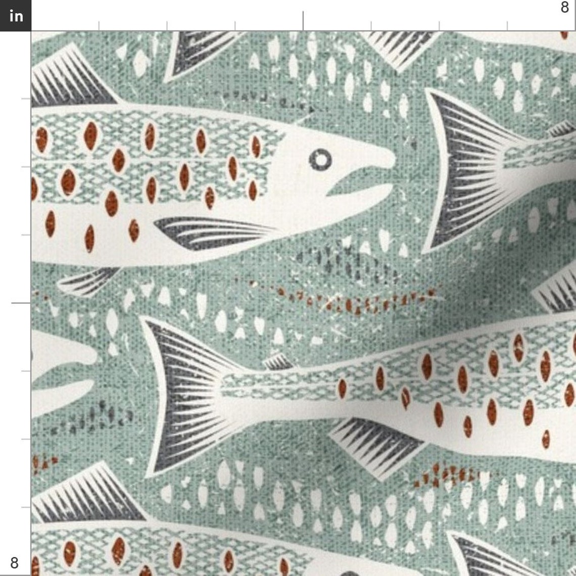 Salmon Fabric Salmon by Fleabat Mint Green Fish Trout - Etsy