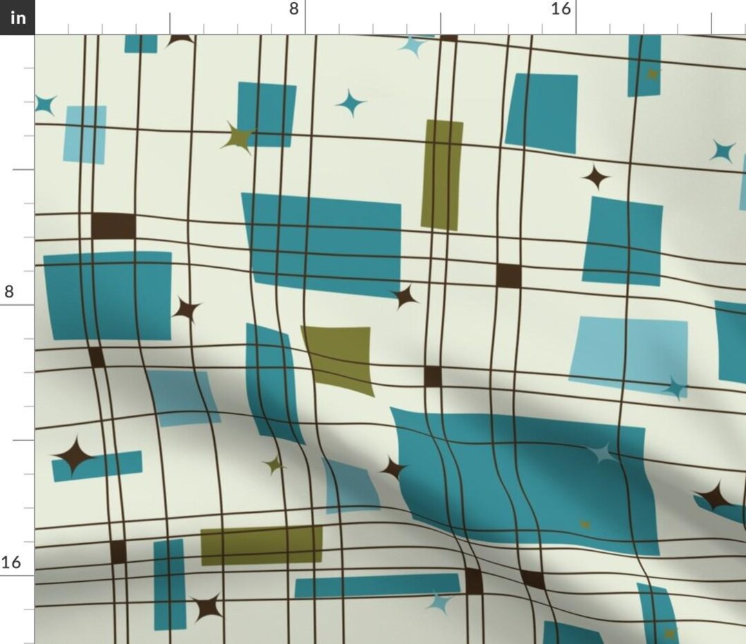 50s Fabric Mid-century Modern Grid Stars teal by Studiofibonacci 50s ...