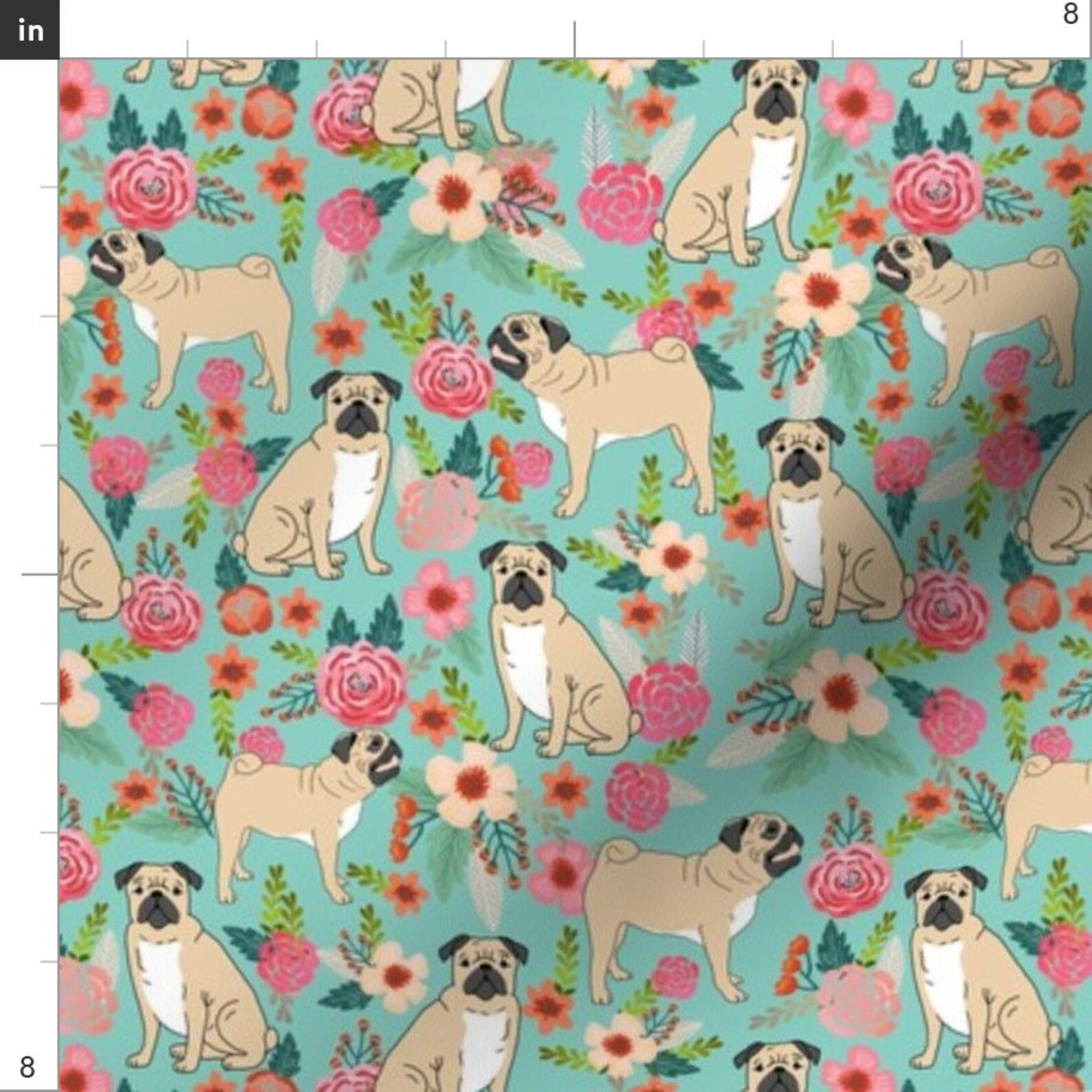Pug Fabric Pug Pet Dog Pugs Flowers Florals on Mint fabric | Etsy