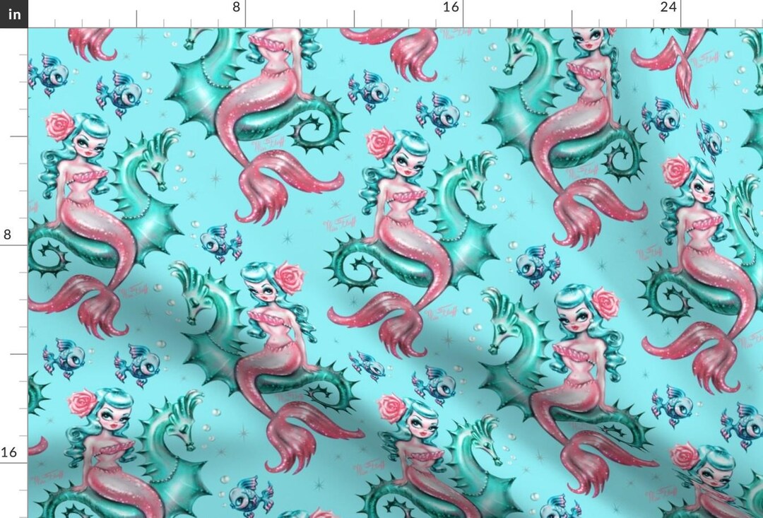 Mermaid Fabric - Mysterious Mermaid on Blue- Medium by Miss Fluff ...
