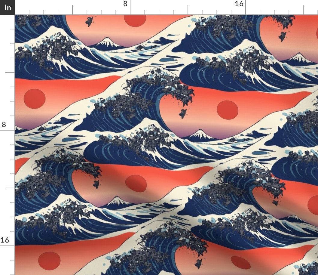 Pug Ocean Waves Illustration Fabric the Great Wave of Black | Etsy