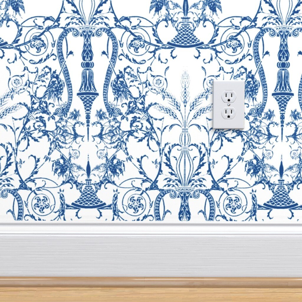 Damask Wallpaper Bedroom White Blue by Peacoquettedesigns | Etsy