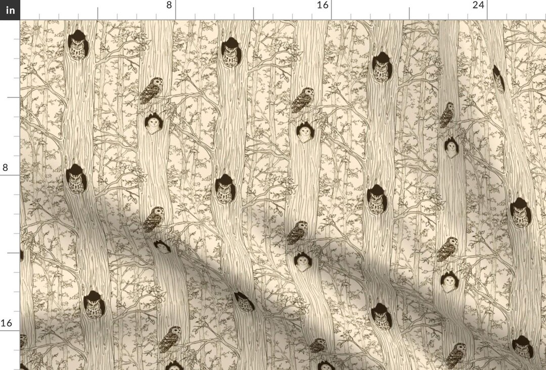 Owls Fabric - Owl Woods Sketch in Brown by Lemon Chiffon - Owls Vintage ...