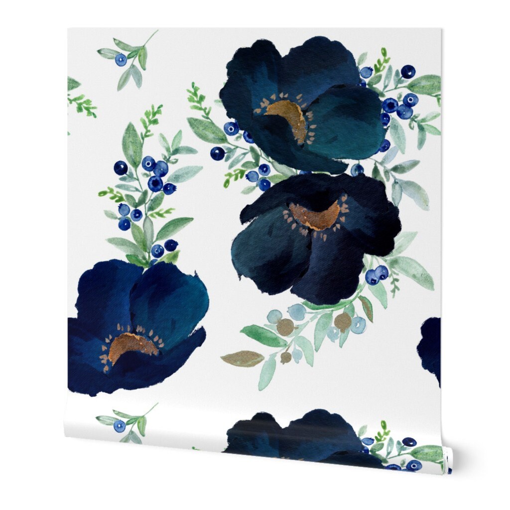 Blue Floral Wallpaper Blueberry Fields by Shopcabin Navy | Etsy