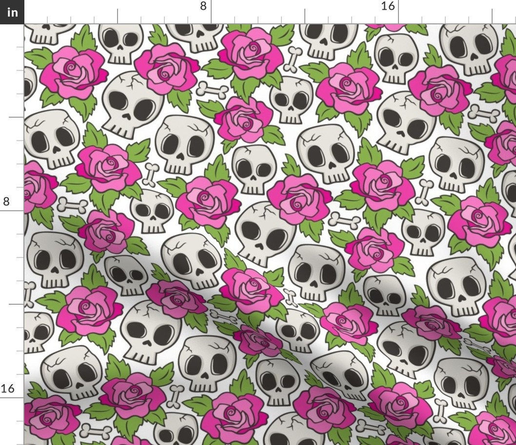 Skulls and Roses Fabric Skulls and Roses Pink on White by | Etsy