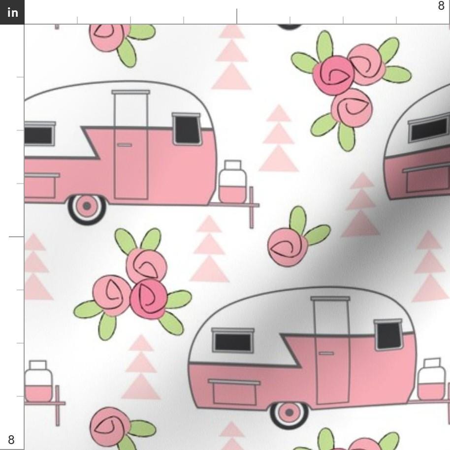Pink Camper Fabric - Large Pink Trailers With Rosebuds on White by ...