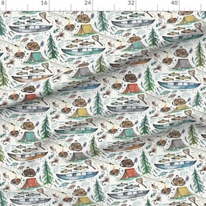 Watercolor Lake Camping Fabric - Lake House Fishing Motif by Kim ...