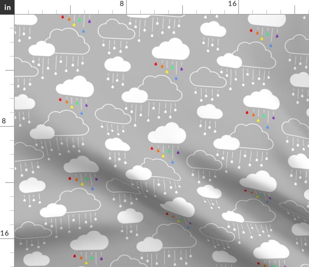 Rain Fabric Clouds Rain White and Rainbow on Gray by Cavutoodesigns ...